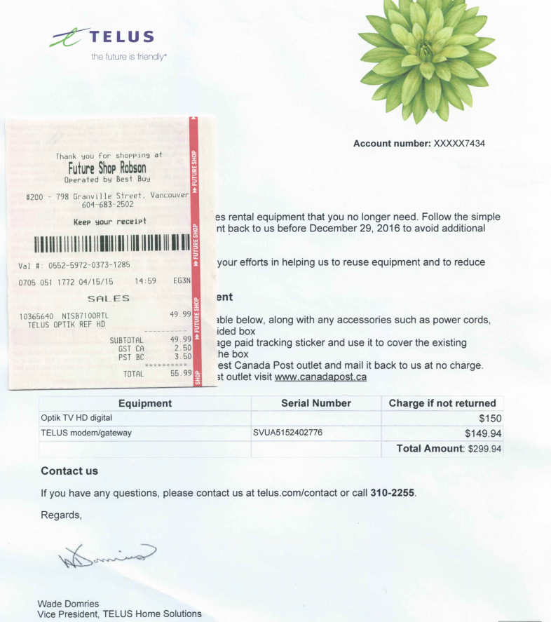 Telus threatening to take us to collections over equipment we never ...